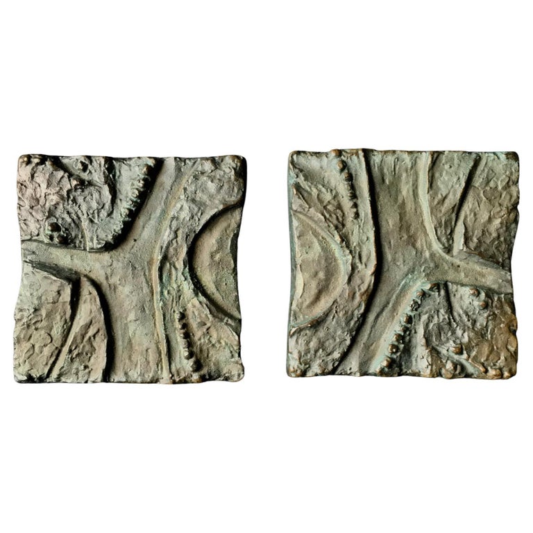Set of Two Bronze Handles with Abstract Relief at 1stDibs