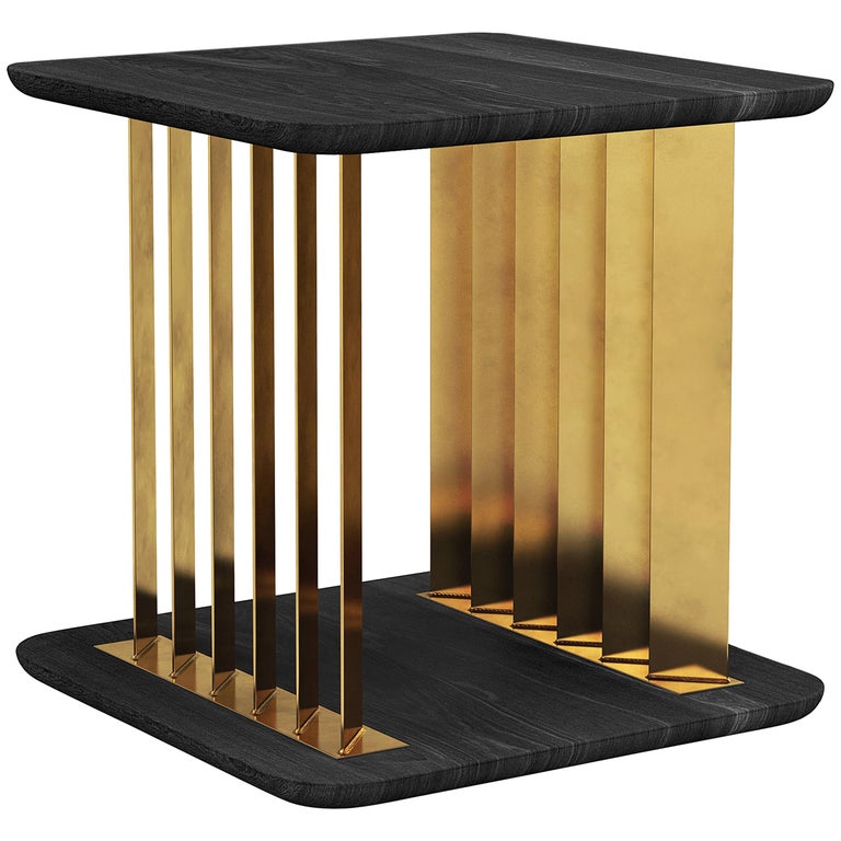 Set of Two Plateau Side Tables, Night Stand in Black Wood and Brass ...