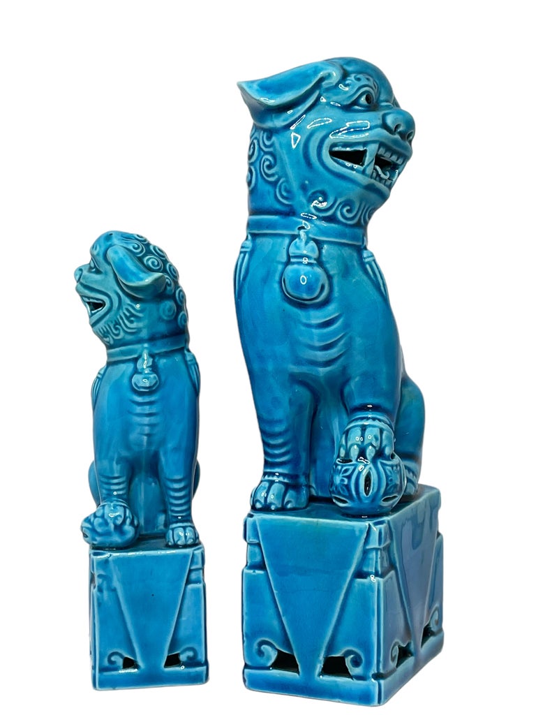 Set of Two Decorative Turquoise Blue Ceramic Foo Dogs Sculptures For ...