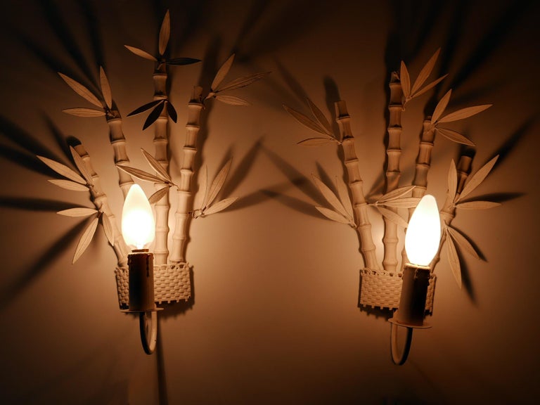 Set of Two Exceptional Enameled Brass and Metal Faux Bamboo Sconces ...