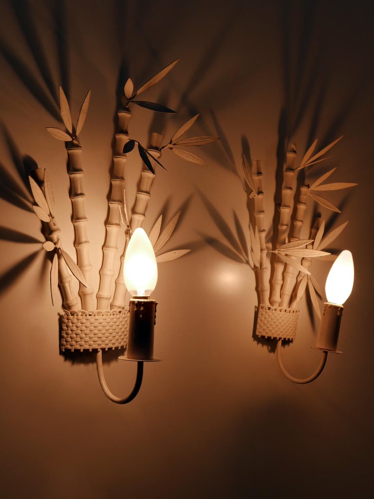 Set of Two Exceptional Enameled Brass and Metal Faux Bamboo Sconces ...