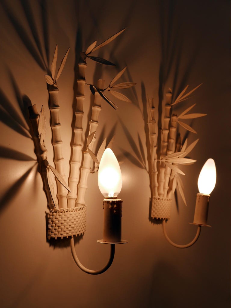 Set of Two Exceptional Enameled Brass and Metal Faux Bamboo Sconces ...