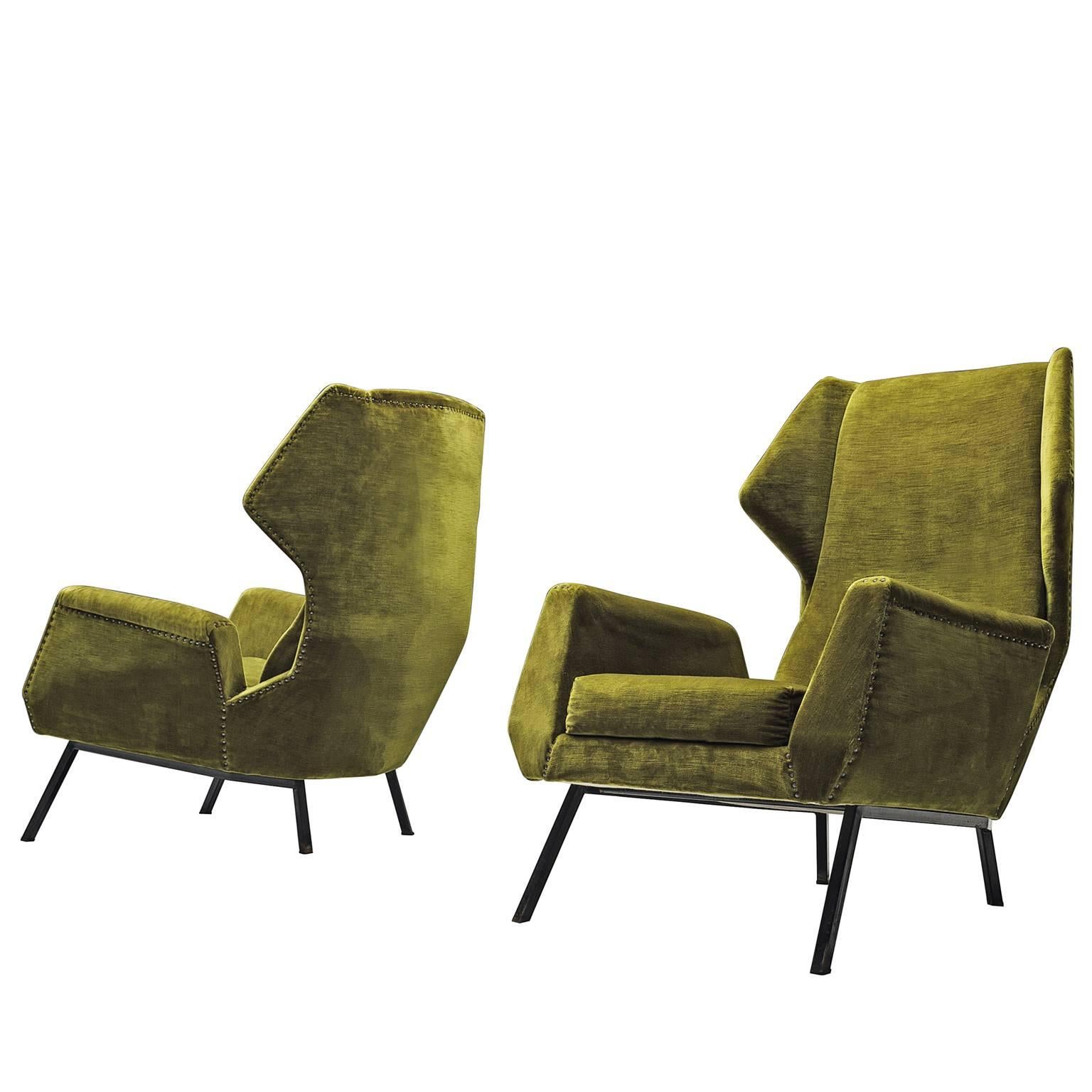 Set of Two Green Velvet Easy Wingback Chairs at 1stDibs