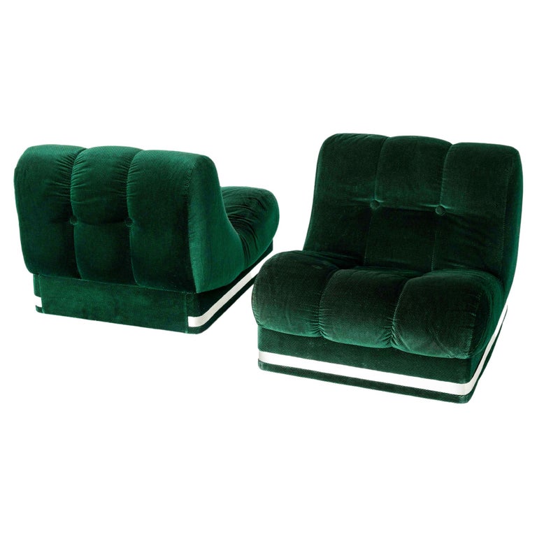 Set of Two Green Velvet Lounge Chairs, Italy, 1970s at 1stDibs