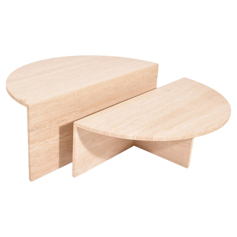 Set of Two Half Round Cream Travertine Coffee Tables by Up and Up ...
