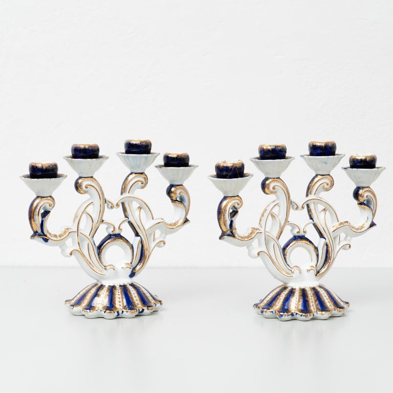 Set of Two Hand Painted Ceramic Candle Holder, circa 1940 For Sale at ...