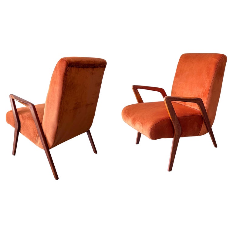 Set of Two Italian Midcentury Armchairs in Wood with Orange Velvet ...