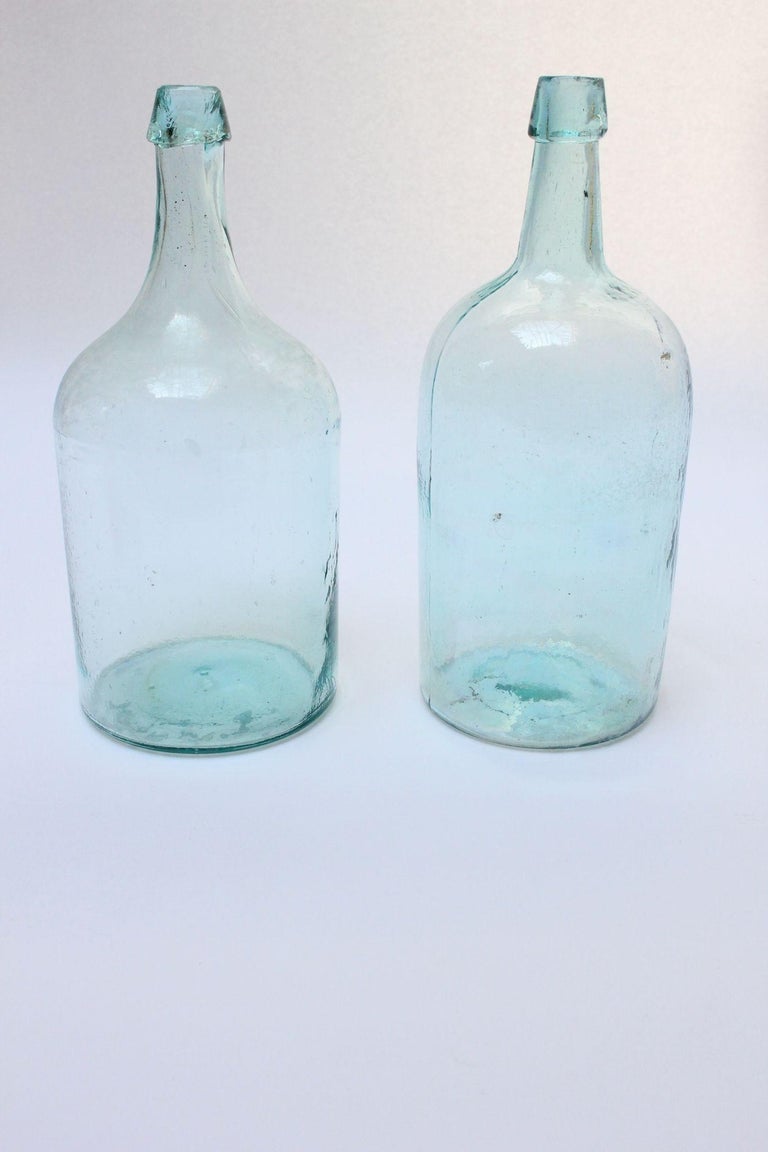 Set of Two Large Antique Molded and Hand-Finished Aqua Glass Spirits ...