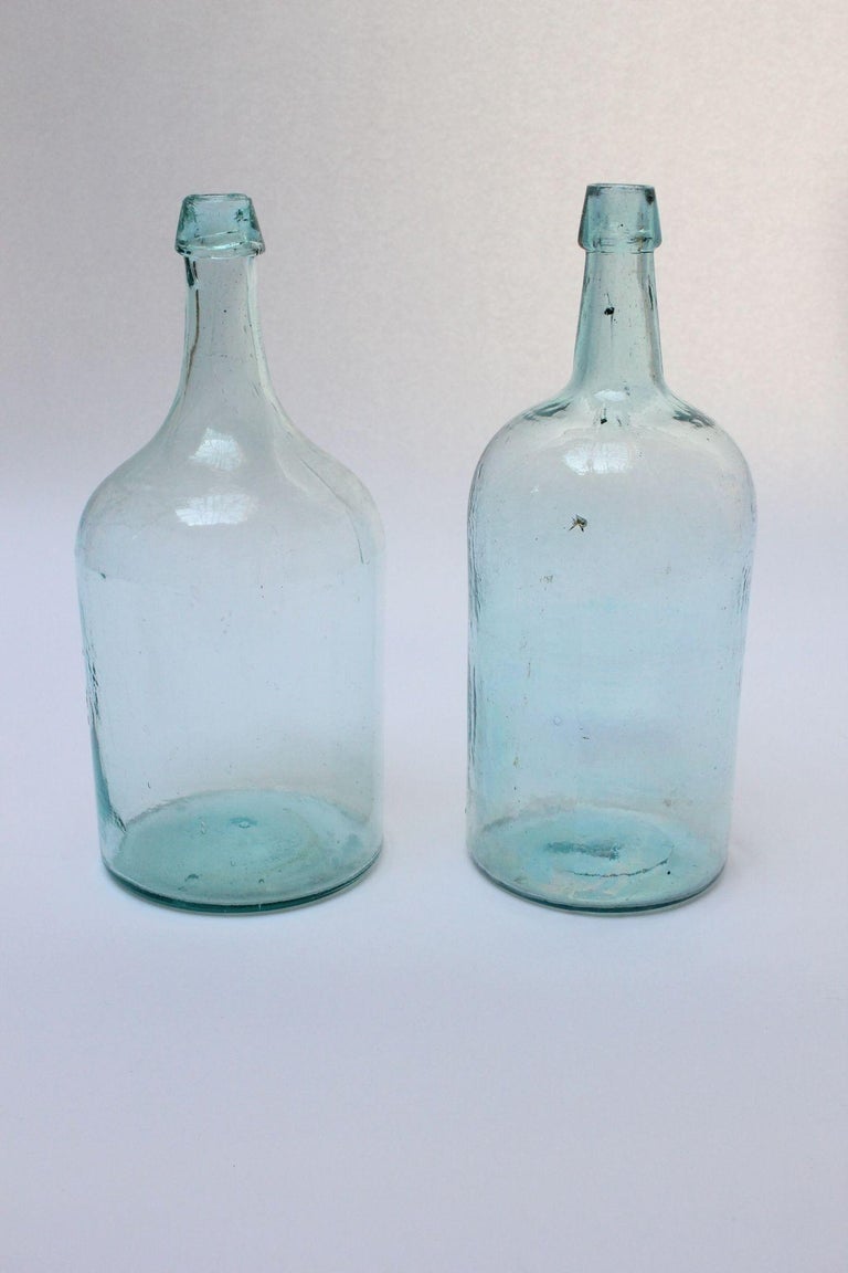 Set of Two Large Antique Molded and Hand-Finished Aqua Glass Spirits ...