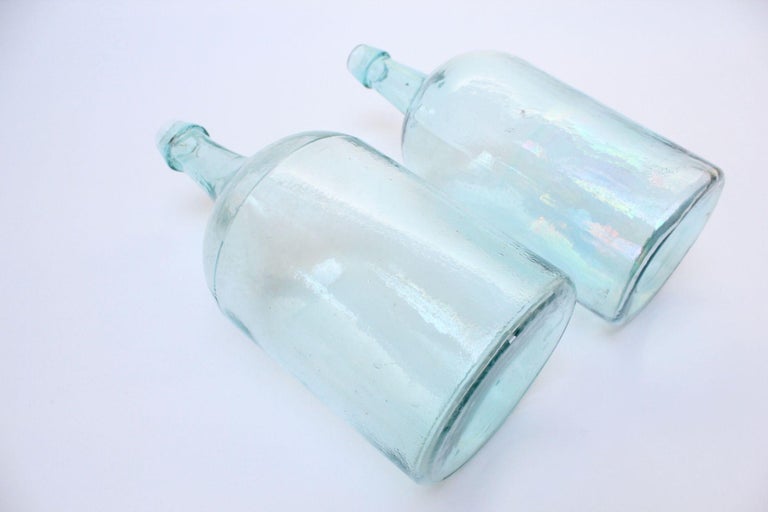 Set of Two Large Antique Molded and Hand-Finished Aqua Glass Spirits ...