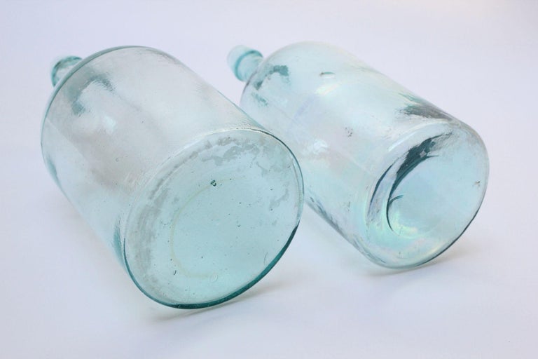 Set of Two Large Antique Molded and Hand-Finished Aqua Glass Spirits ...