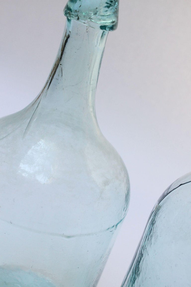 Set of Two Large Antique Molded and Hand-Finished Aqua Glass Spirits ...