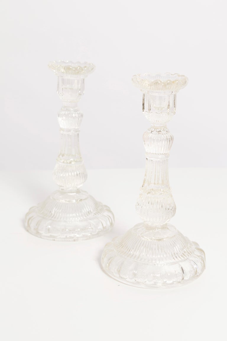 Set of Two Mid Century Transparent White Glass Candlesticks, Europe ...