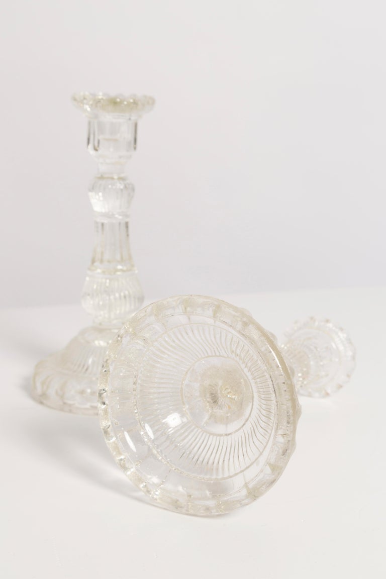 Set of Two Mid Century Transparent White Glass Candlesticks, Europe ...