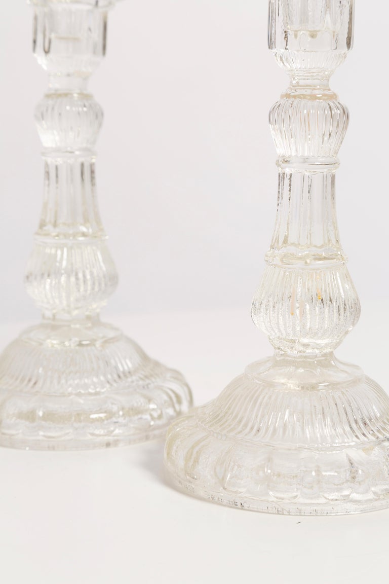 Set of Two Mid Century Transparent White Glass Candlesticks, Europe ...