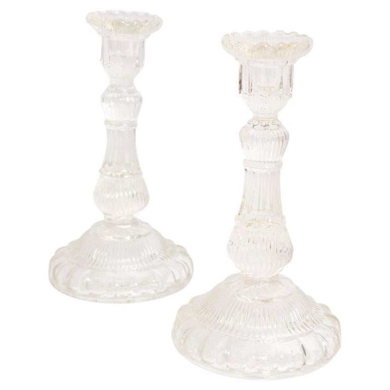 Set of Two Mid Century Transparent White Glass Candlesticks, Europe ...