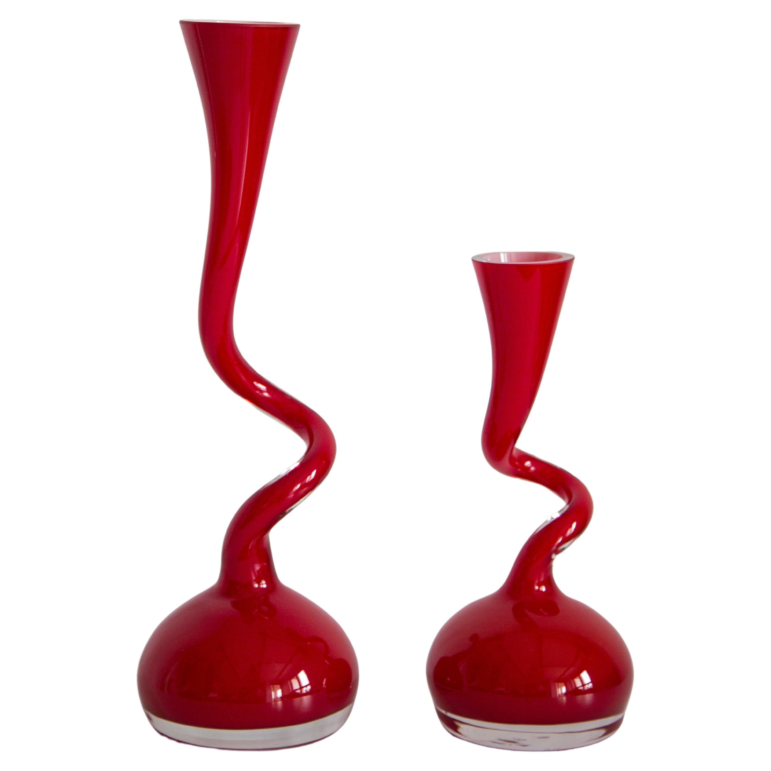 Set of Two Mid Century Twisted Red Vases, Europe, 1960s For Sale at 1stDibs