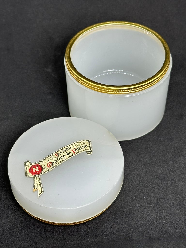 Set of Two Midcentury White Opaline Cenedese Glass Box with Bronze ...