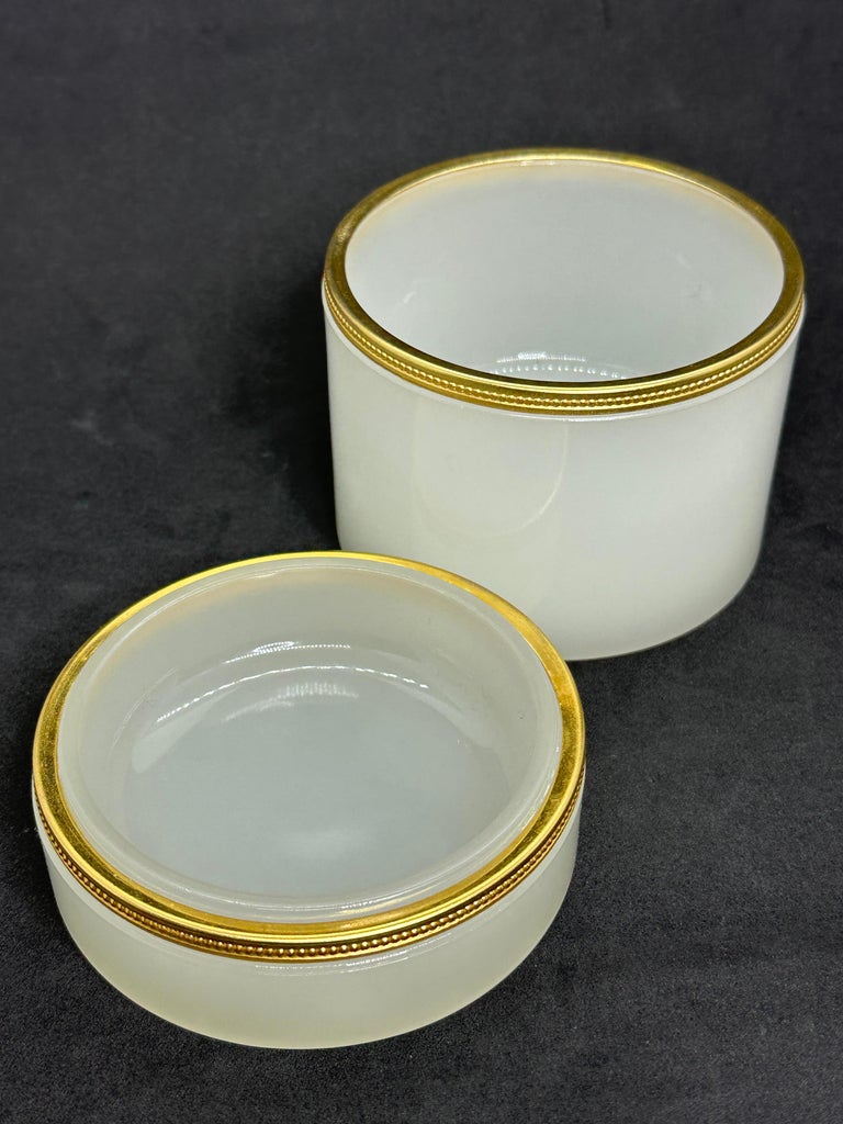 Set of Two Midcentury White Opaline Cenedese Glass Box with Bronze ...