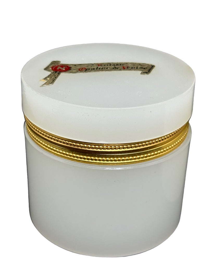 Set of Two Midcentury White Opaline Cenedese Glass Box with Bronze ...