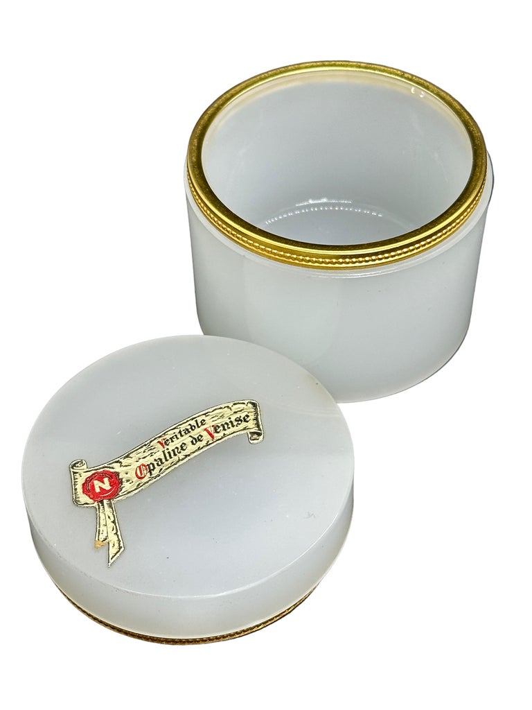Set of Two Midcentury White Opaline Cenedese Glass Box with Bronze ...