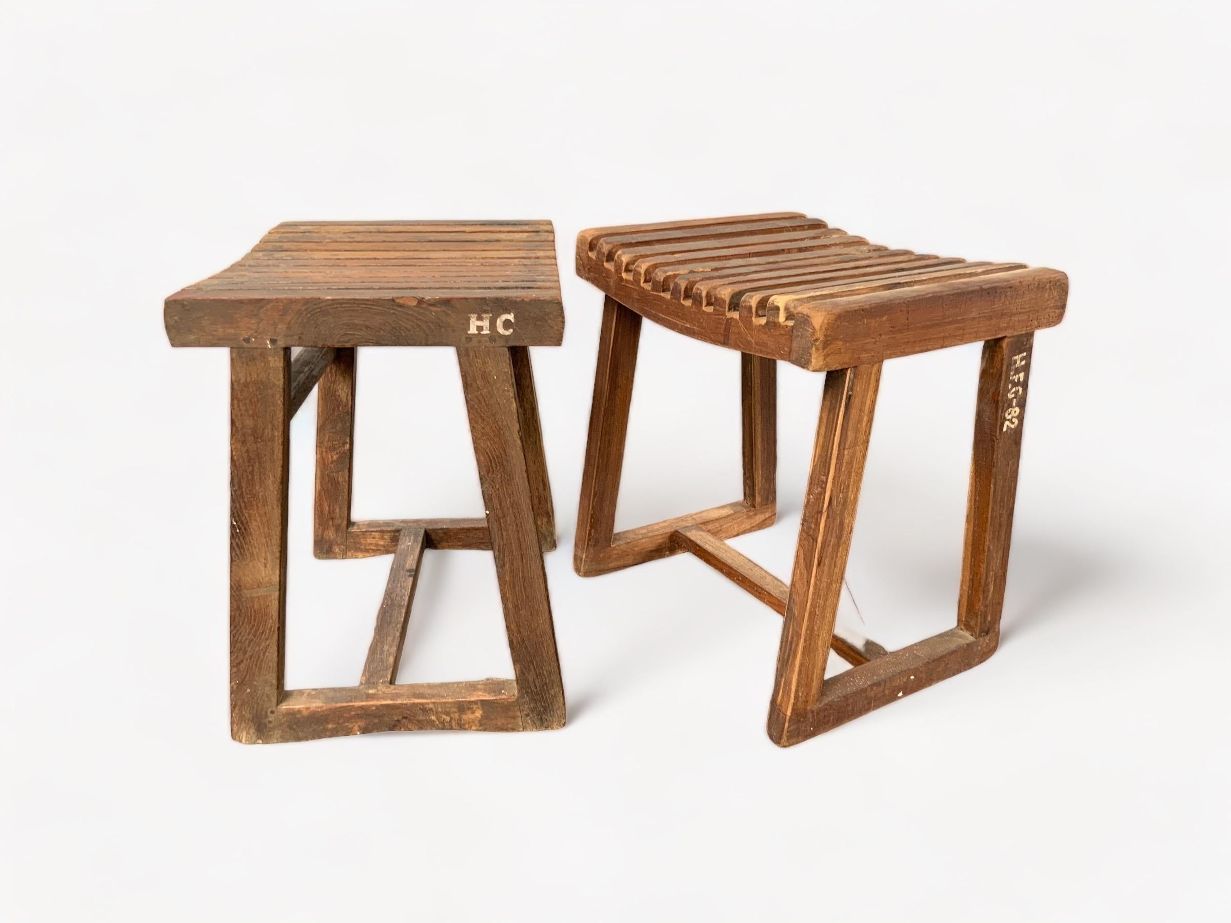 Set of two - Pierre Jeanneret Low Slatted Teak Stools For Sale at 1stDibs