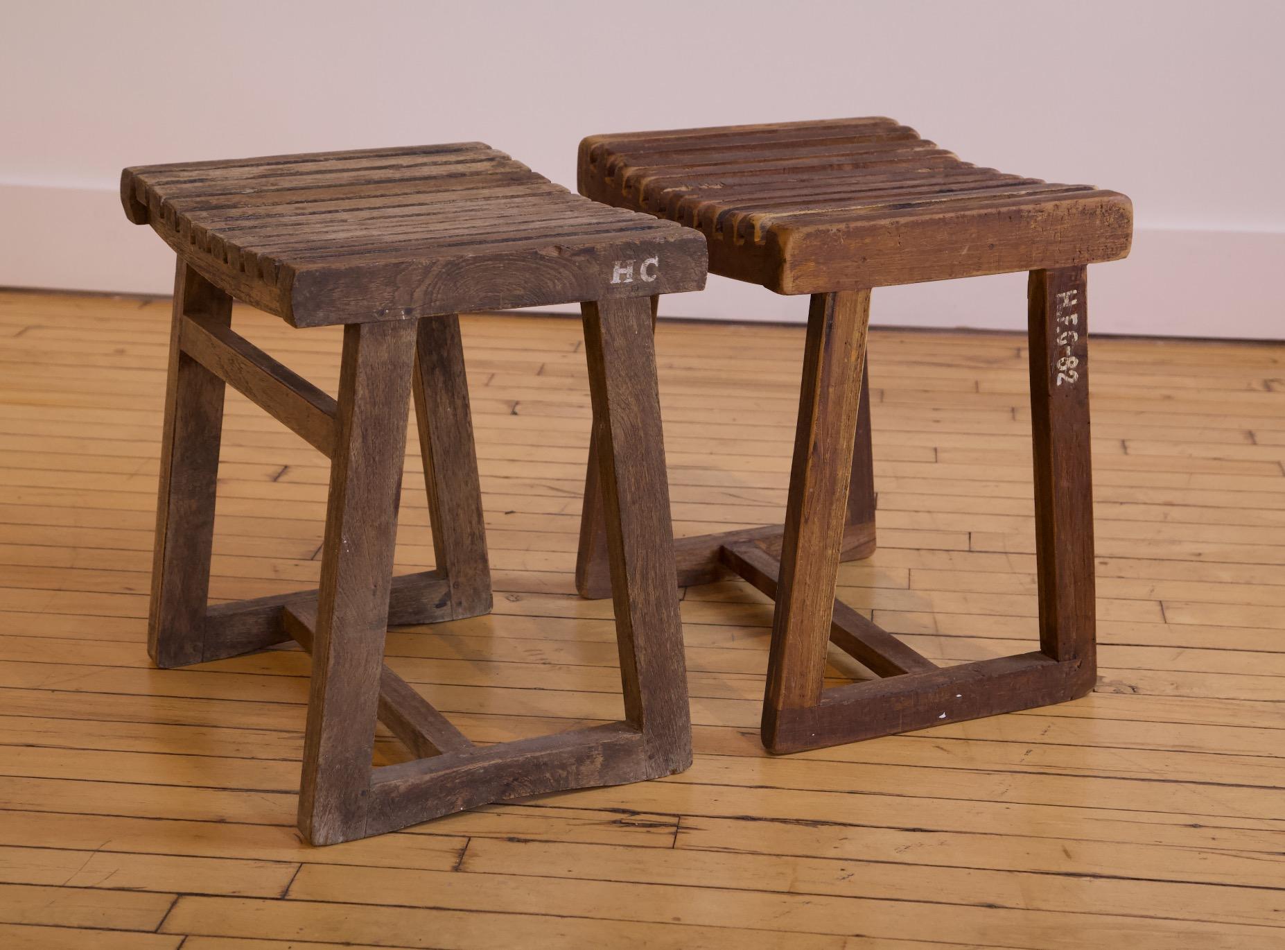 Set of two - Pierre Jeanneret Low Slatted Teak Stools For Sale at 1stDibs