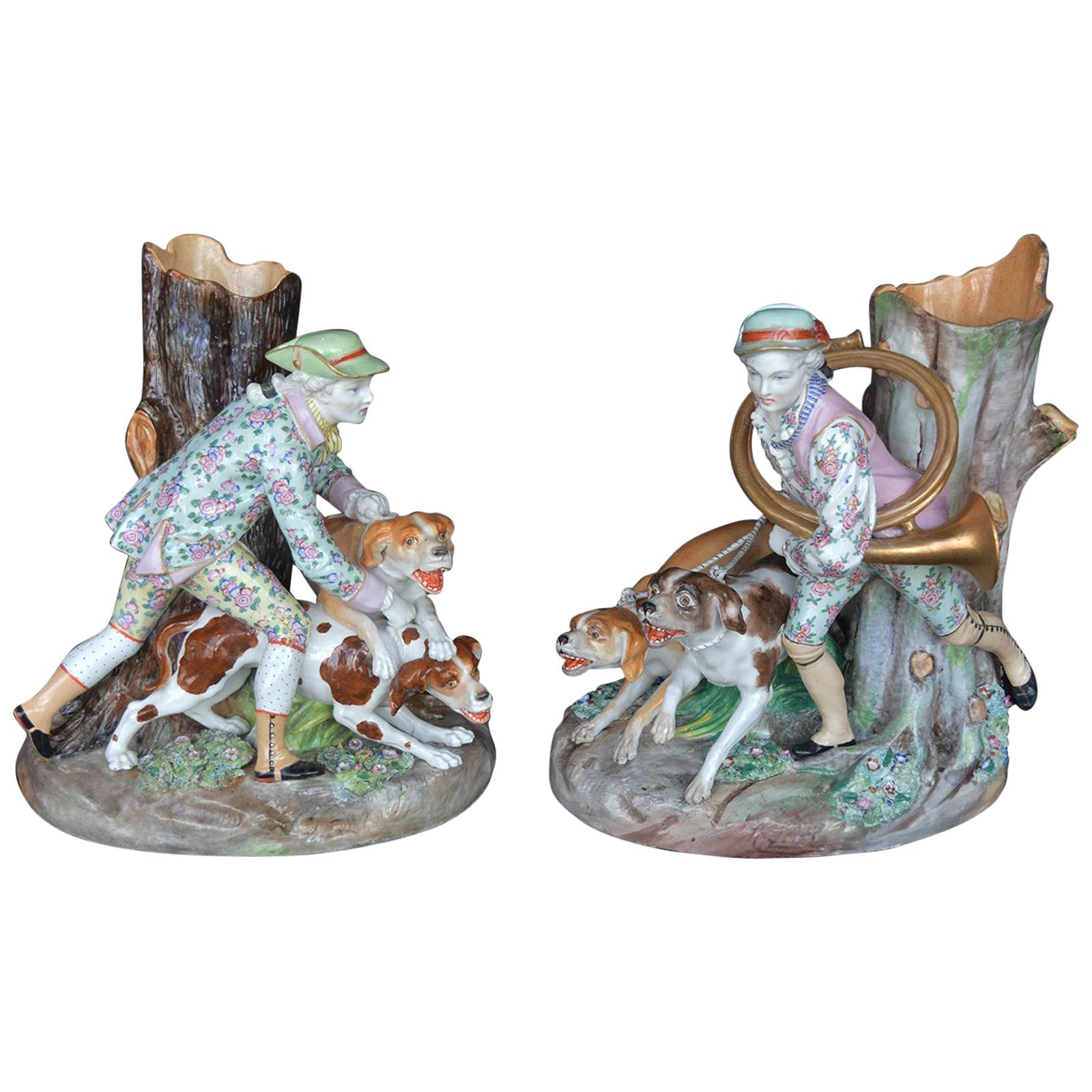 Set of Two Porcelain Hunting Dog Vases For Sale at 1stDibs