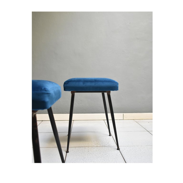Set of Two Poufs 60s Stools, Brass Feet and Petroleum Blue Velvet ...
