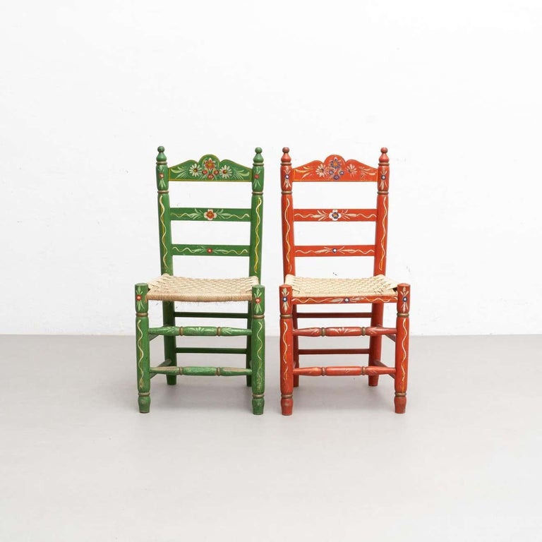 Set of Two Rustic Traditional Hand Painted Wood Chairs, circa 1940 For ...
