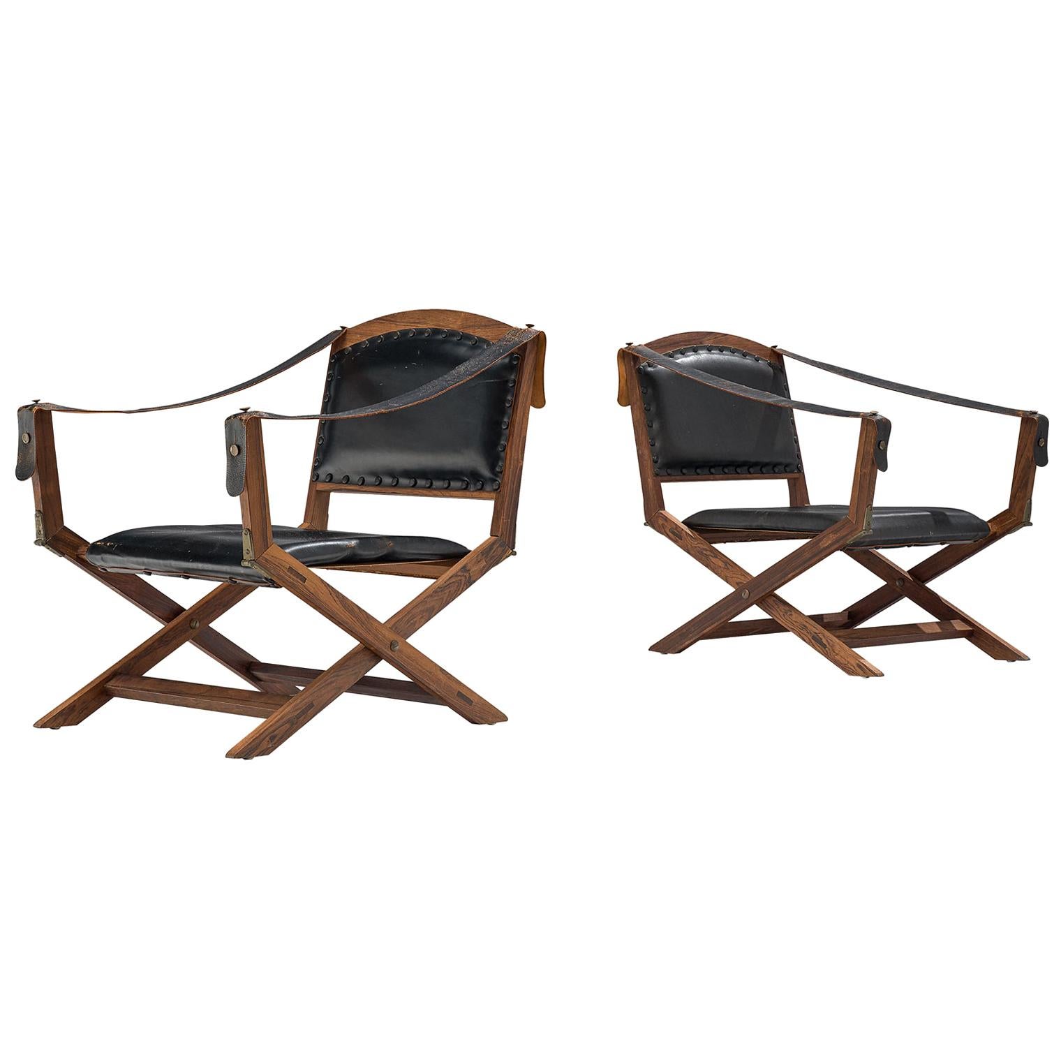 Set of Two Scandinavian Safari X-Chairs in Black Leather For Sale at ...
