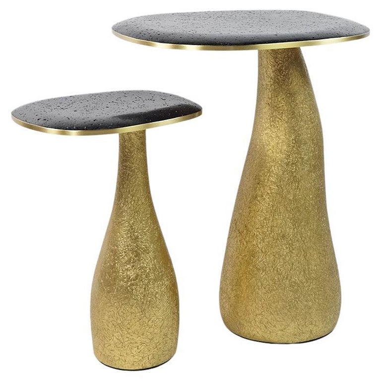 Set of Two Side Tables in Lava Stone with a Gilded Base For Sale at 1stDibs