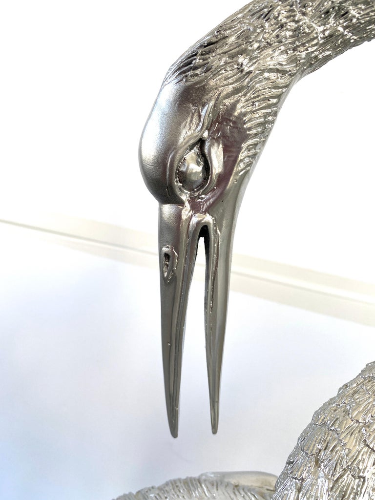 Set of Two Silver Crane Sculptures For Sale at 1stDibs