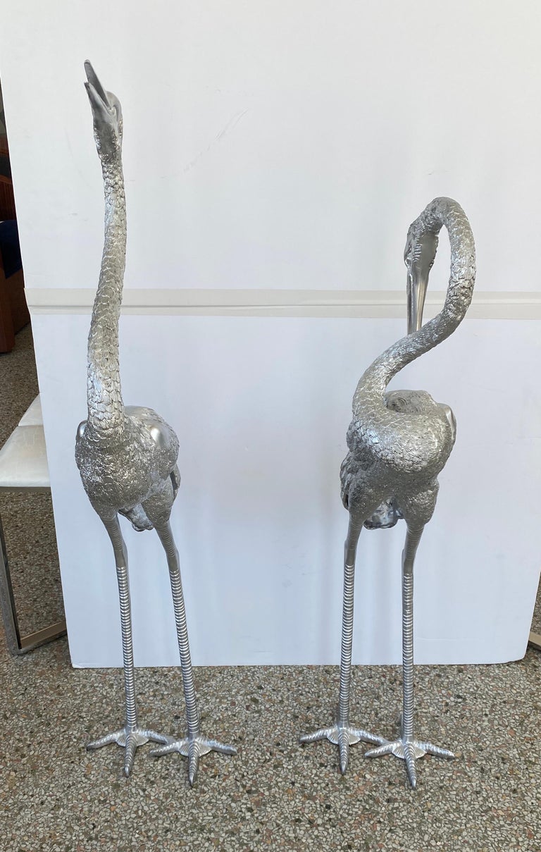 Set of Two Silver Crane Sculptures For Sale at 1stDibs
