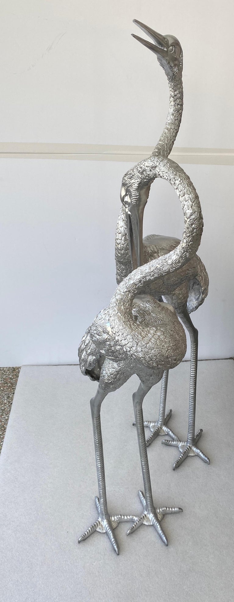 Set of Two Silver Crane Sculptures For Sale at 1stDibs