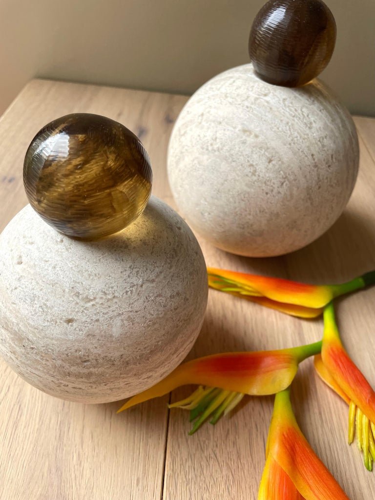 Set of Two Travertine Marble and Resin Stack Sphere Sculptures by Paola ...