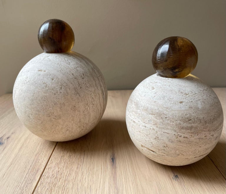 Set of Two Travertine Marble and Resin Stack Sphere Sculptures by Paola ...
