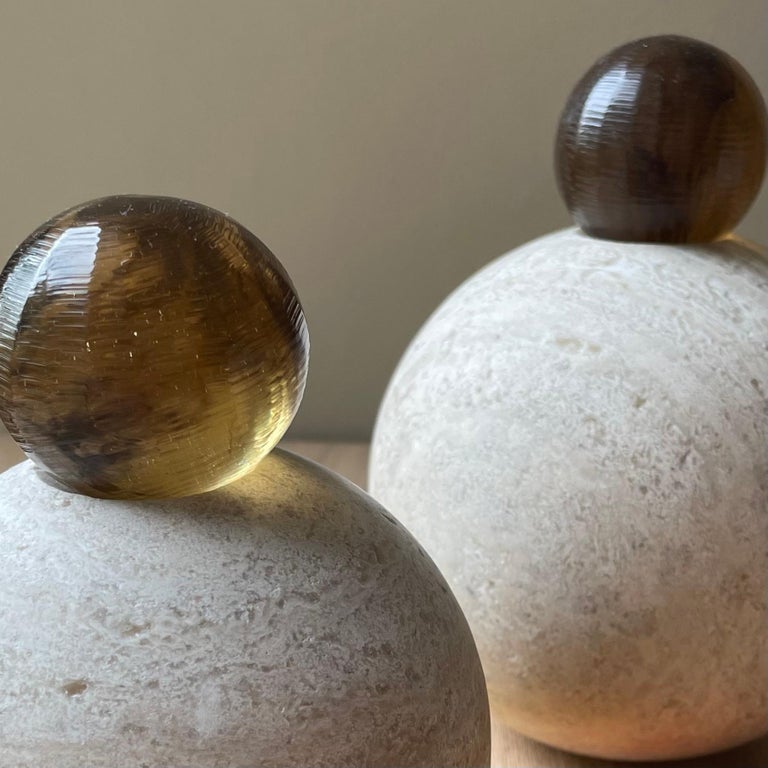 Set of Two Travertine Marble and Resin Stack Sphere Sculptures by Paola ...
