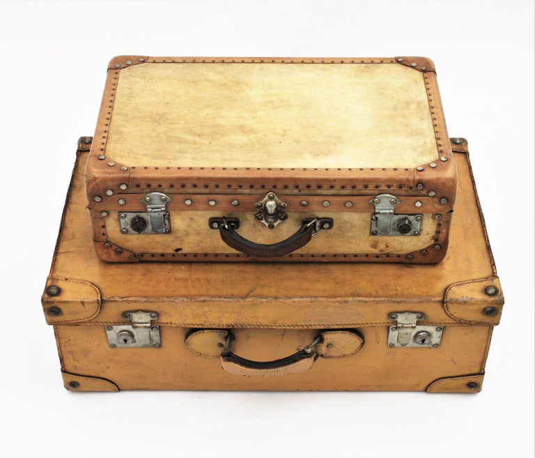 Unmatching Pair of French Suitcases in Vellum and Leather For Sale at ...