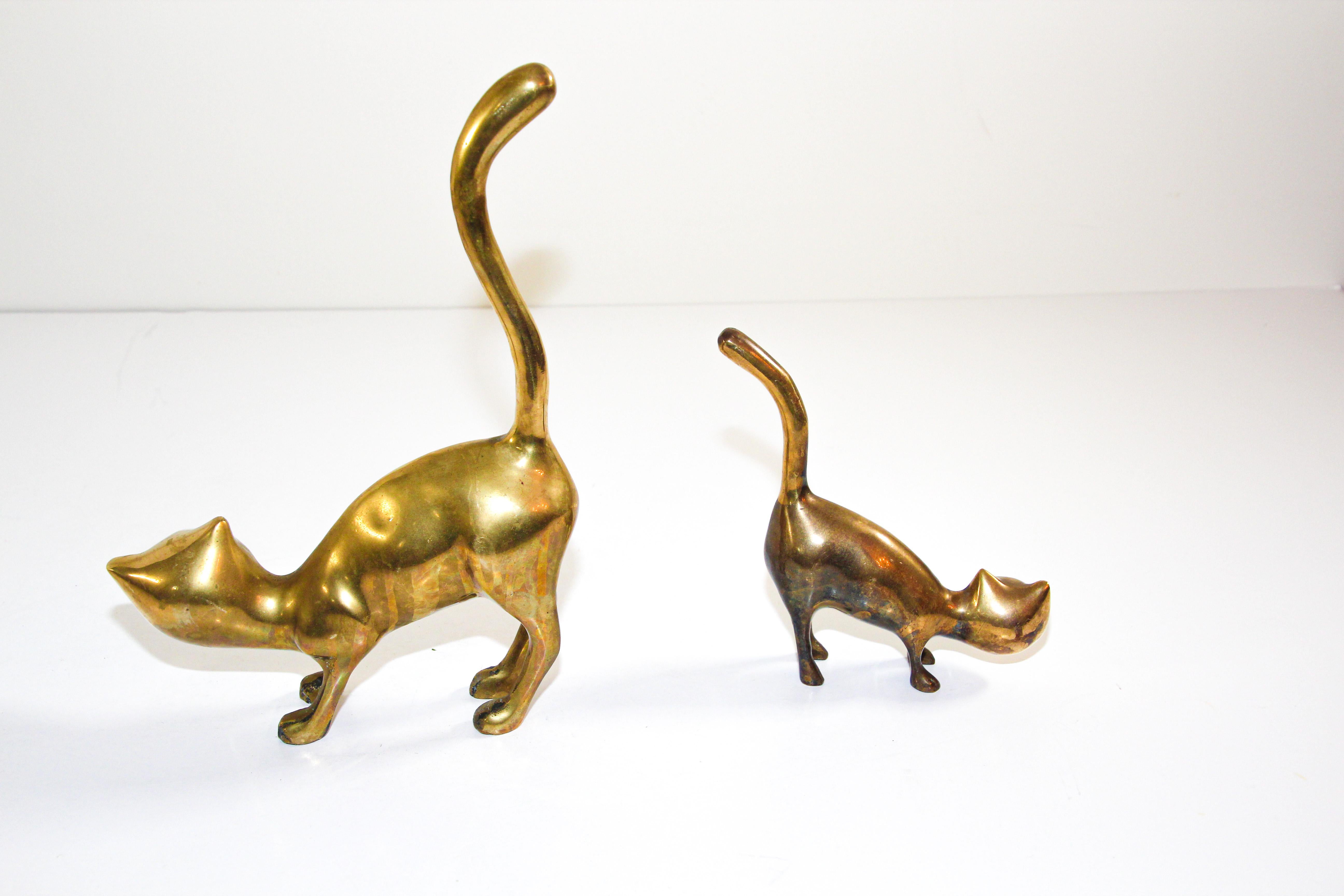 Set of Two Vintage Large Polished Cast Brass Cat Sculptures at 1stDibs