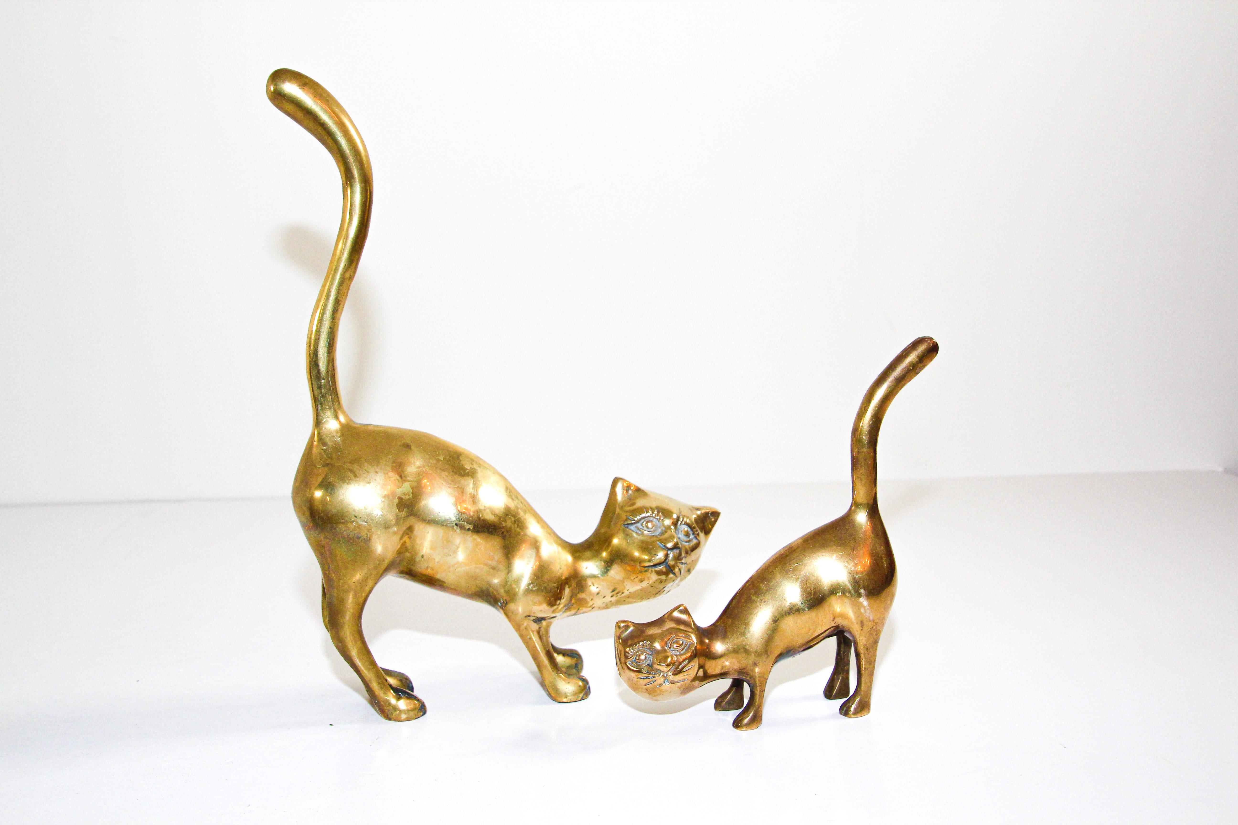 Set of Two Vintage Large Polished Cast Brass Cat Sculptures at 1stDibs