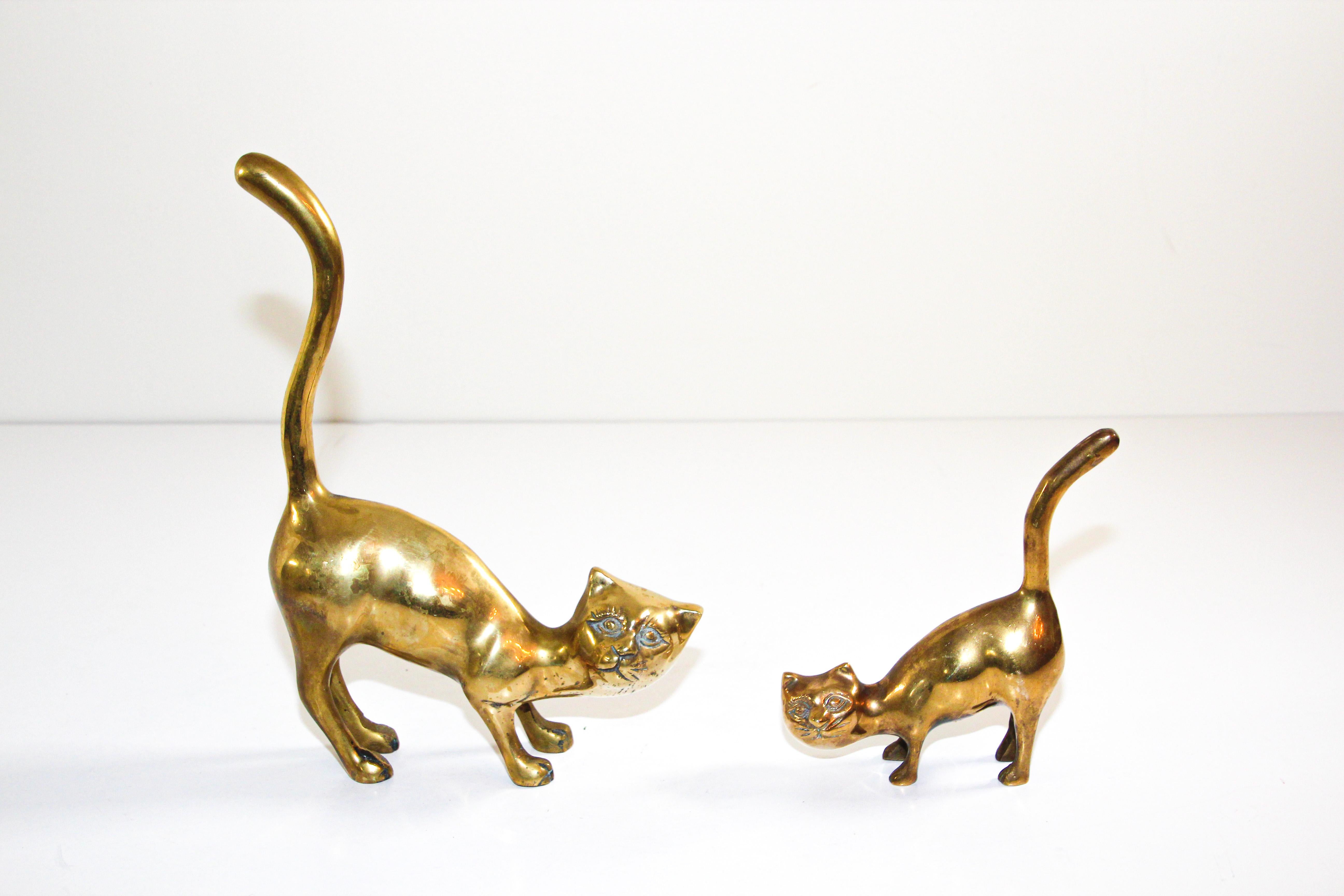 Set of Two Vintage Large Polished Cast Brass Cat Sculptures at 1stDibs
