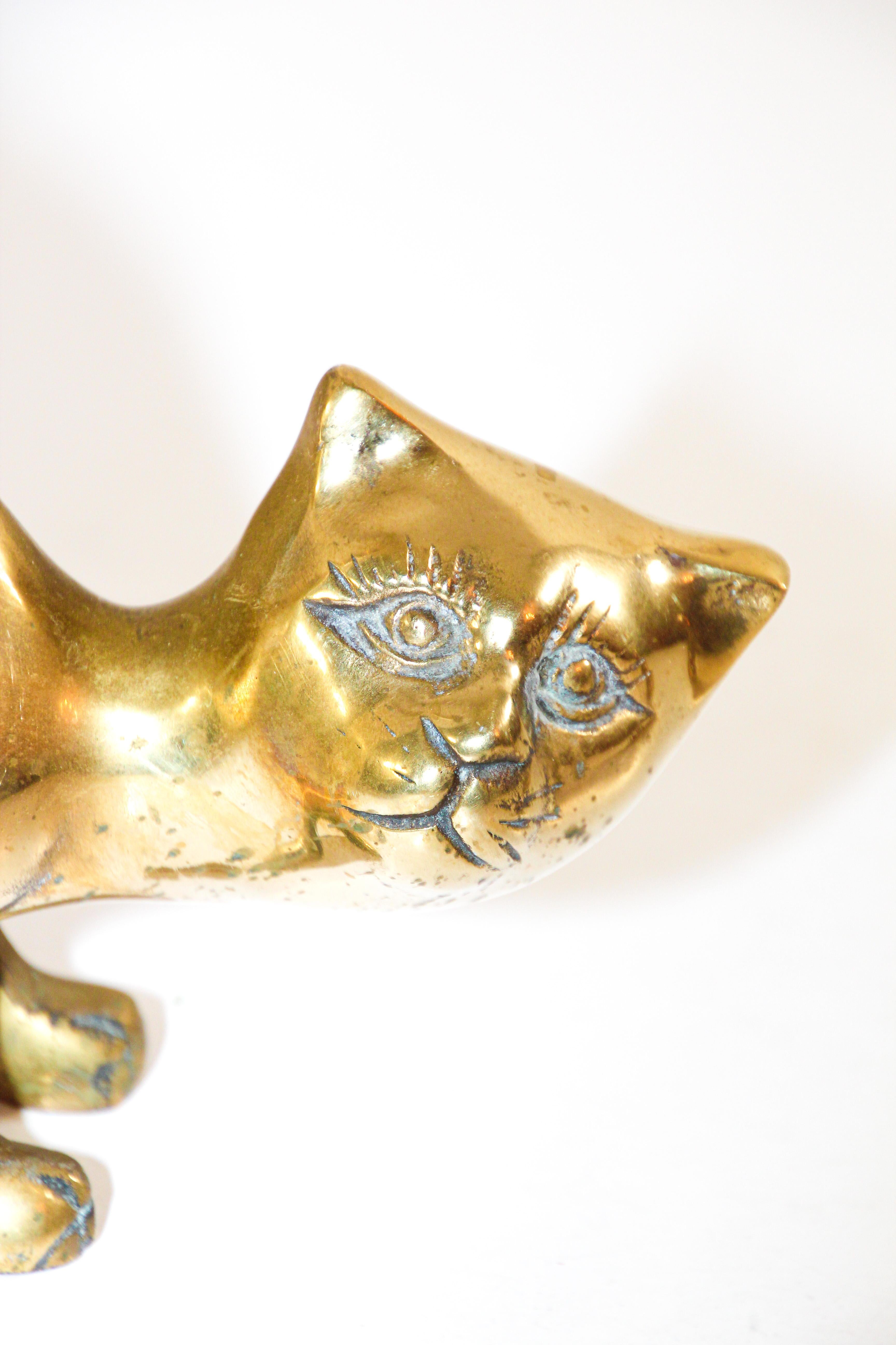 Set of Two Vintage Large Polished Cast Brass Cat Sculptures at 1stDibs