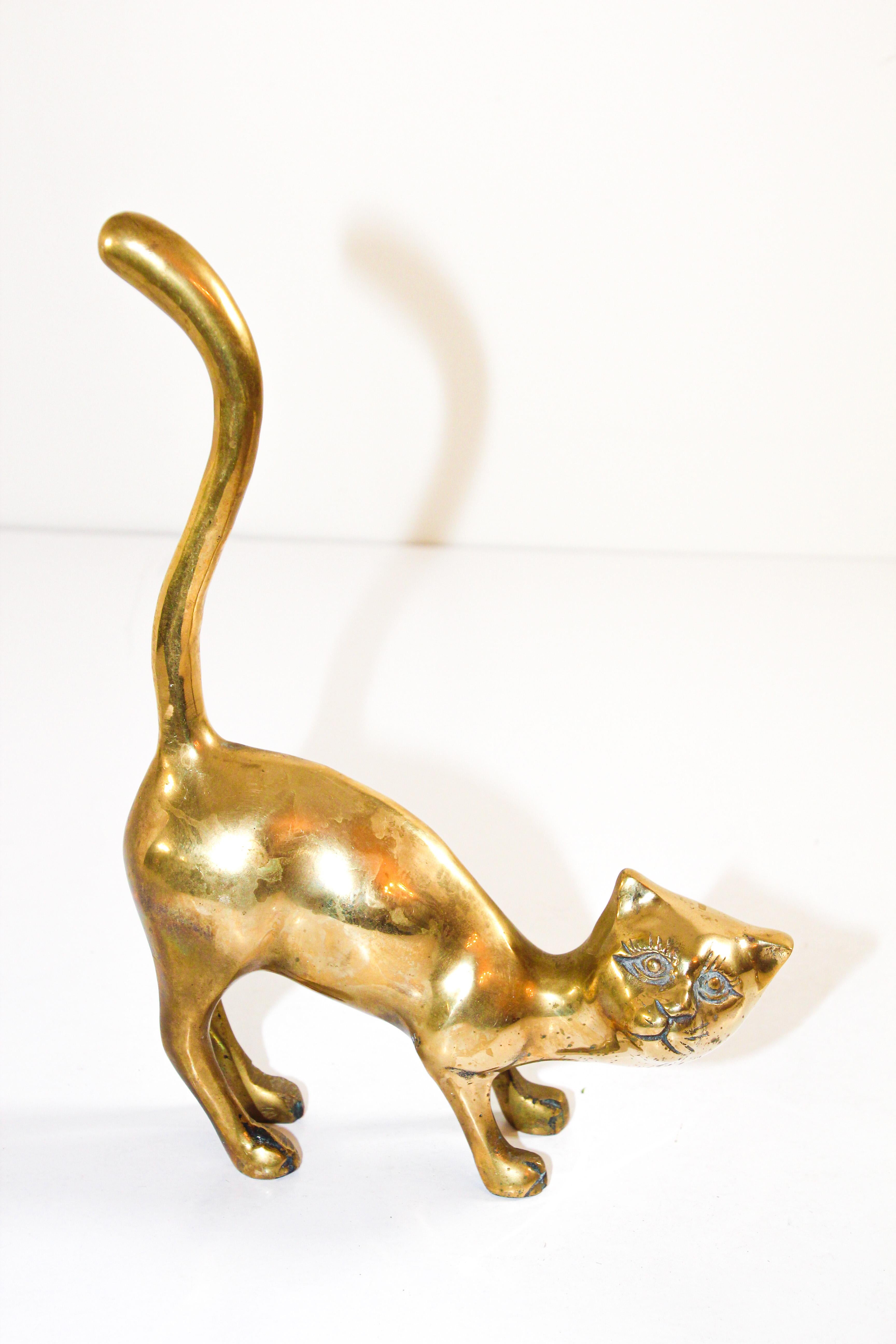 Set of Two Vintage Large Polished Cast Brass Cat Sculptures at 1stDibs