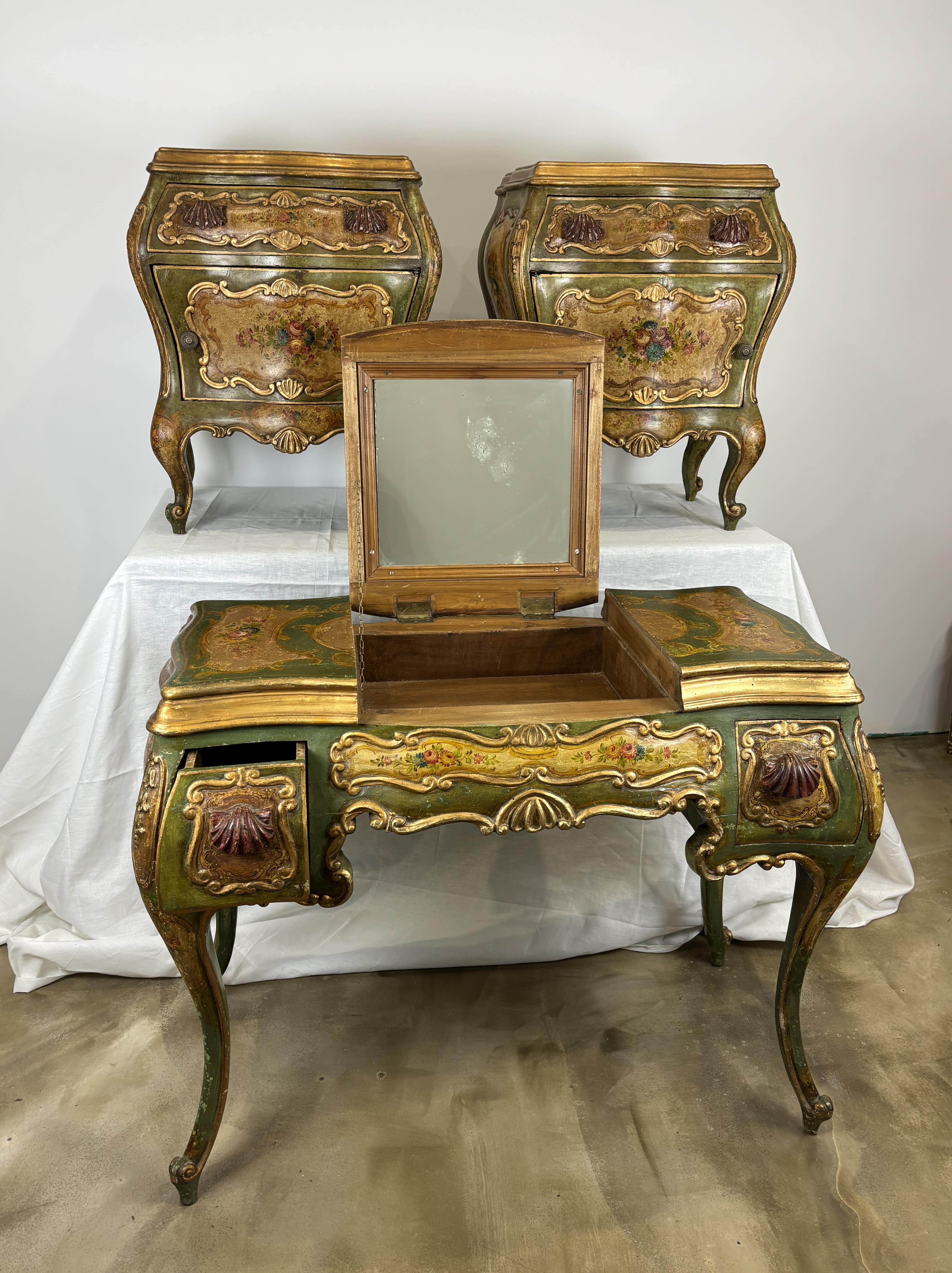 Set Of Venetian Vanity Table and Two Bedside Tables, Italy End 19th-Beg ...