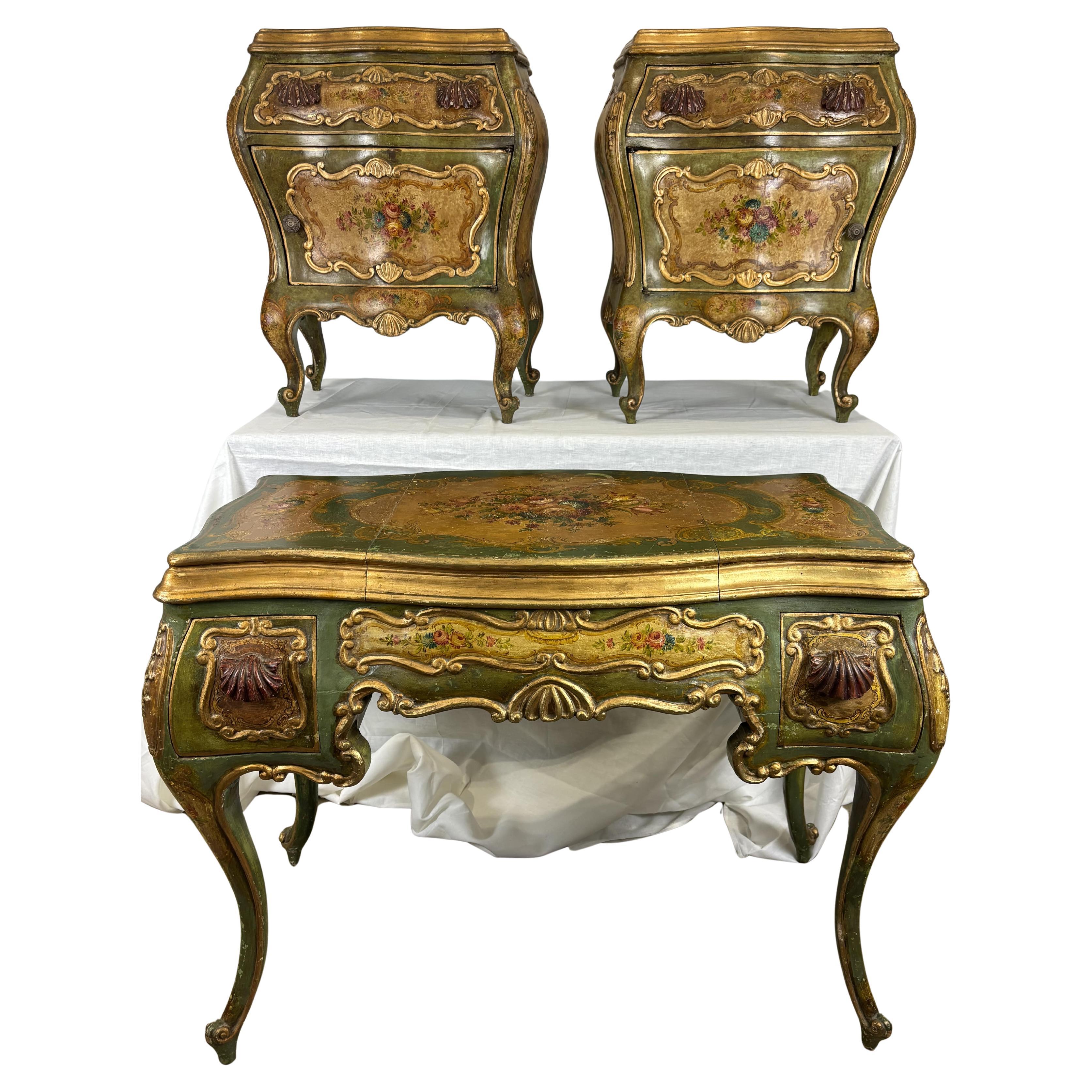 Set Of Venetian Vanity Table and Two Bedside Tables, Italy End 19th-Beg ...