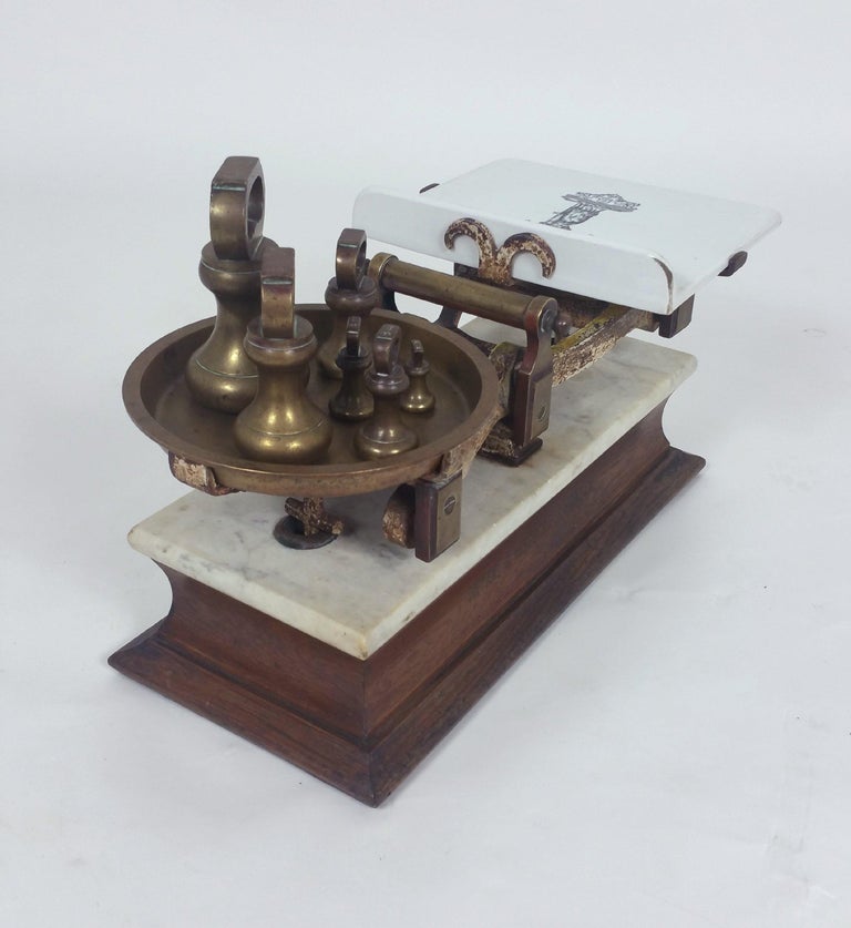 Set of Victorian Marble Topped Oak Scales with Porcelain Plate at 1stDibs