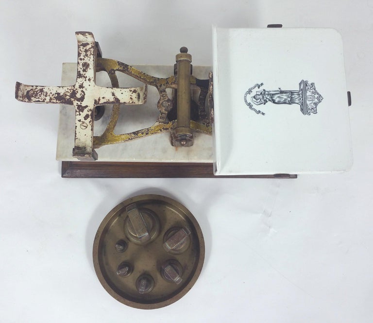 Set of Victorian Marble Topped Oak Scales with Porcelain Plate at 1stDibs