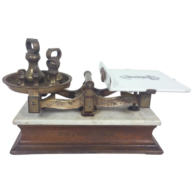 Set of Victorian Marble Topped Oak Scales with Porcelain Plate at 1stDibs