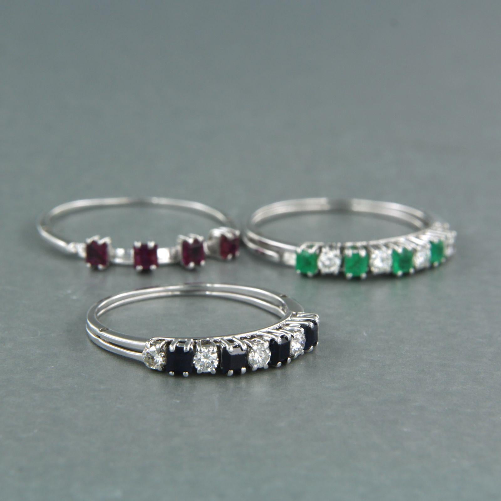 set of vijfe rings with Ruby, Sapphire, Emerald and diamonds 18k whote ...